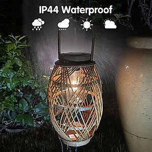 pearlstar Solar Lanterns Outdoor Waterproof - Rattan Natural Lantern with Handle for Hanging or Table Lanterns Edison Bulb, Auto On/Off for Patio Yard Garden Wedding Home Decoration(1 Pack Bronze)