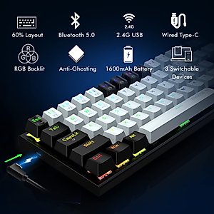 E-YOOSO Wireless Mechanical Keyboard, Bluetooth/2.4G/USB-C 60% Portable Rechargeable 63 Keys Gaming Keyboard, Compact RGB Hot Swappable Mechanical Keyboard with Linear Red Switches for Windows/Mac