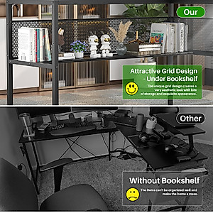 Unikito Cool L Shaped Computer Desk, Reversible Corner Office Desk with Smart Strip Light and Magic Power Outlets, Sturdy Ergonomic Gaming Table with Monitor Stand and Storage Shelf, Grid Design, Gray