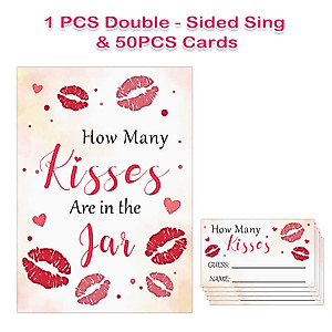 ALodr How Many Kisses are in The Jar-Baby Shower, Bridal Shower, Birthday, Christmas, Graduation Season Funny Party Game- Game Cards Kit (1 Sign & 50 Cards)