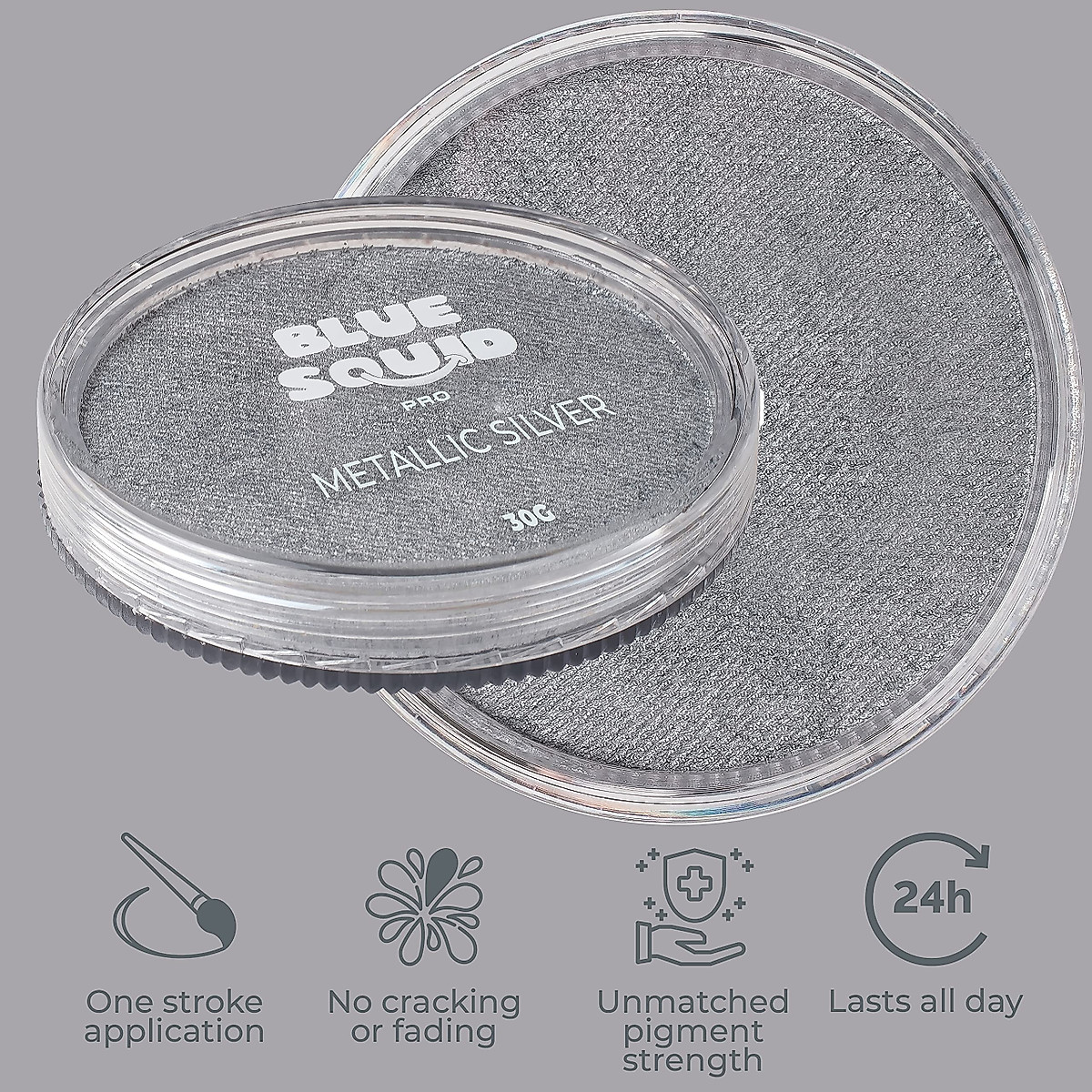 Blue Squid PRO Face Paint - Professional Water Based Single Cake Facepaint & Body Paints - SFX Makeup, Kids Adults Face Painting for Costume, Halloween, Cosplay - Metallic Silver 30g / 1oz