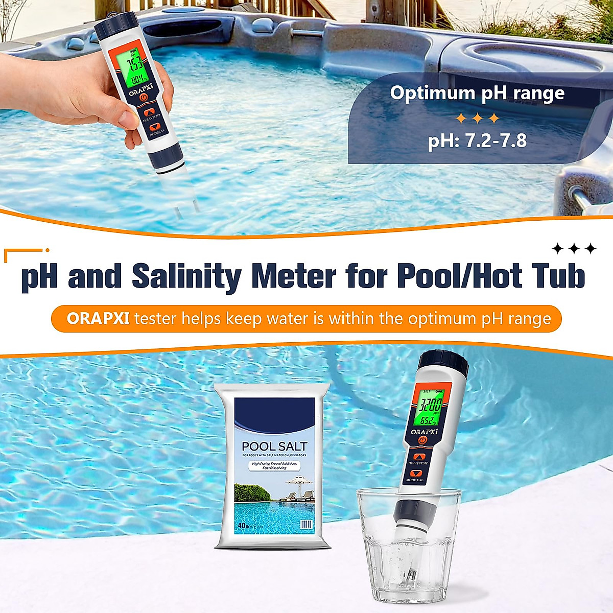 Pool Salt Tester pH Meter ORAPXI Salinity Meter and pH Tester PPM EC Meter with LCD Screen 5 in 1- Salt pH TDS EC Meter for Saltwater Pool, Hot Tubs, Spas, Aquarium, Hydroponics System, Home Brew