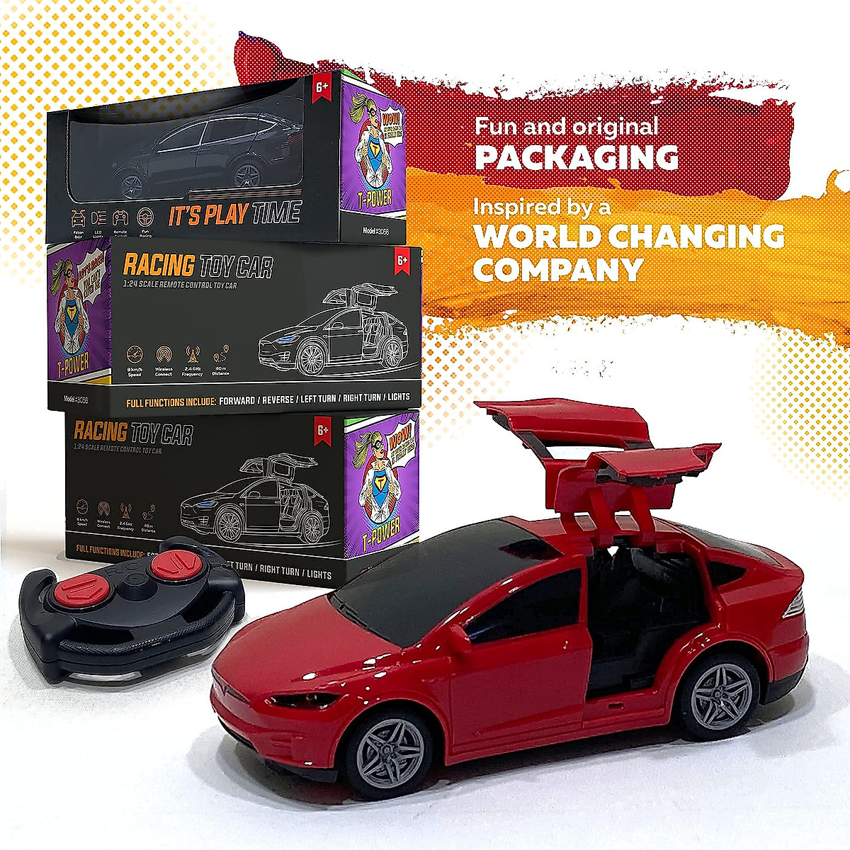 T-Power! Dynamic Remote Control Car 1:24 Scale RC Vehicle Great Gift for Children Remote Control Car Model with Falcon Door in Red Color