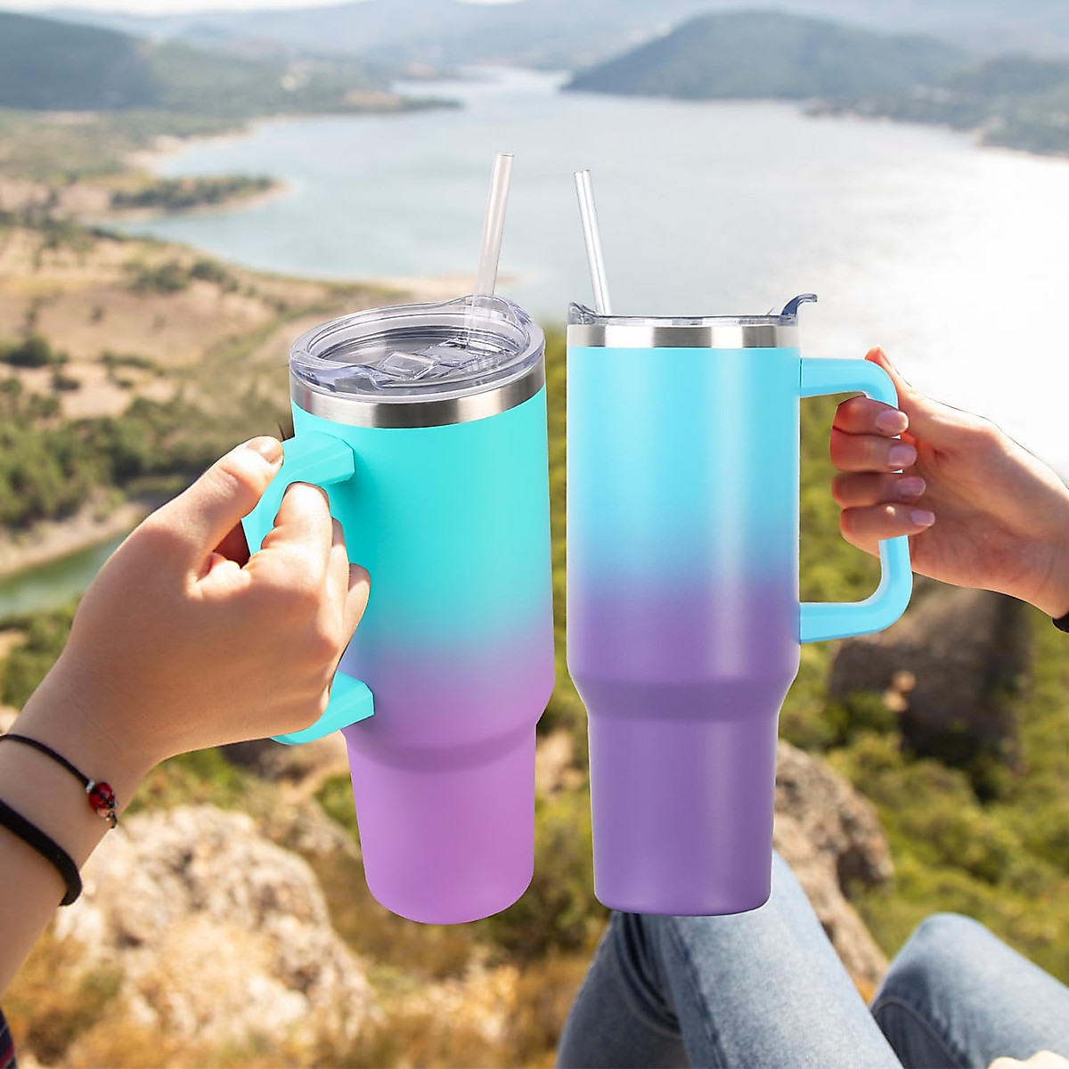 SYACOT 40 oz Tumbler with Handle and Straw Stainless Steel Insulated Tumbler Leak Proof Lid and Straw Lid Reusable Travel Mug Coffee Mug Cup Dishwasher Safe Keep Drinks Cold and Hot (Green Purple)