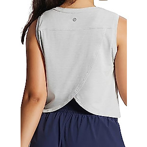BALEAF Women's Workout Crop Tank Tops Split Back High Neck Sleeveless Shirts Yoga Athletic Heather Gray S
