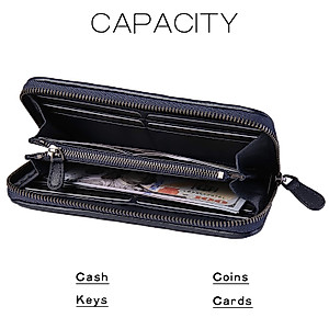 YILINSA Women's Wallet RFID Blocked Leather Wallet Pleated Clutch Long Wallet Leather Zipper Wallet (Blue)