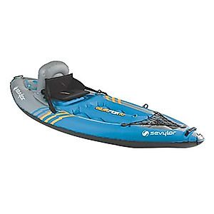 Sevylor QuickPak K1 1-Person Inflatable Kayak, Kayak Folds into Backpack with 5-Minute Setup, 21-Gauge PVC Construction; Hand Pump & Paddle Included