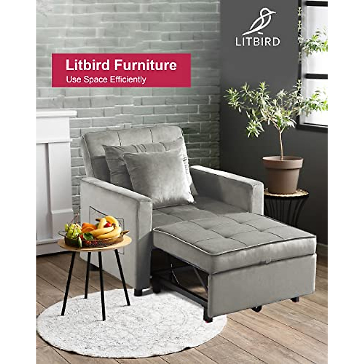 Litbird Convertible Chair Sleeper Bed, Futon Chair Turns Into Bed, Sofa Chair for Living Room, 3 in 1, Imitation Flannel, Sky Gray