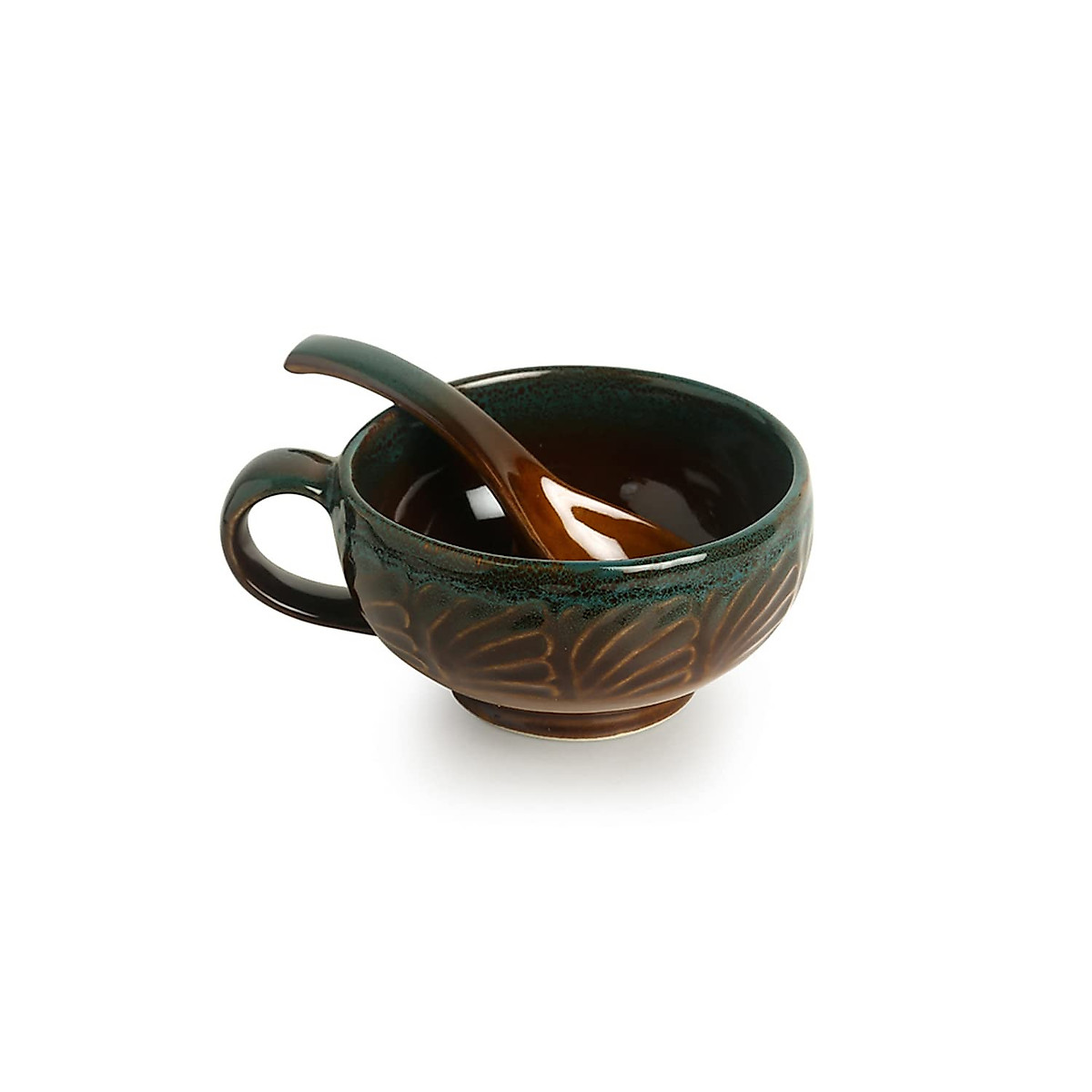 ExclusiveLane 'Amber & Teal' Soup Cups with Spoons & Handle | Set of 4, 300ml | Handpainted Ceramic Bowl for Kitchen | For Cereal Soup Rice Salad Oatmeal | Dishwasher & Microwave Safe | Ideal Gift