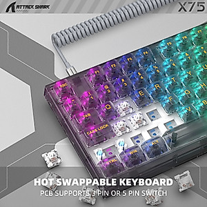 ATTACK SHARK X75 Hotswap Mechanical Gaming Keyboard with USB C Coiled Cable,TKL Tactile Switch,RGB LED,Gasket Mounted,Custom OSA Profile Clear Keycaps for PS4 PS5 Xbox Mac PC Gamer(Black,Outemu)