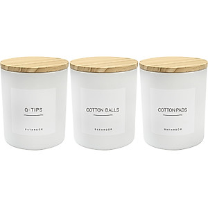 Ezebesta 3PCS Farmhouse 13.53oz White Bathroom Canisters with 12 Labels & Wooden Lid Thick Glass Jar Set Qtip Holder for Cotton Ball & Pads Storage Organization Minimalist Decor