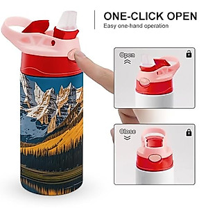Stainless Steel Water Bottles Rocky Mountain Range Travel Water Cups with Handle And Silicone Straw Drinking Cup with Leak Proof Lid Thermo Travel Mug for Women Men