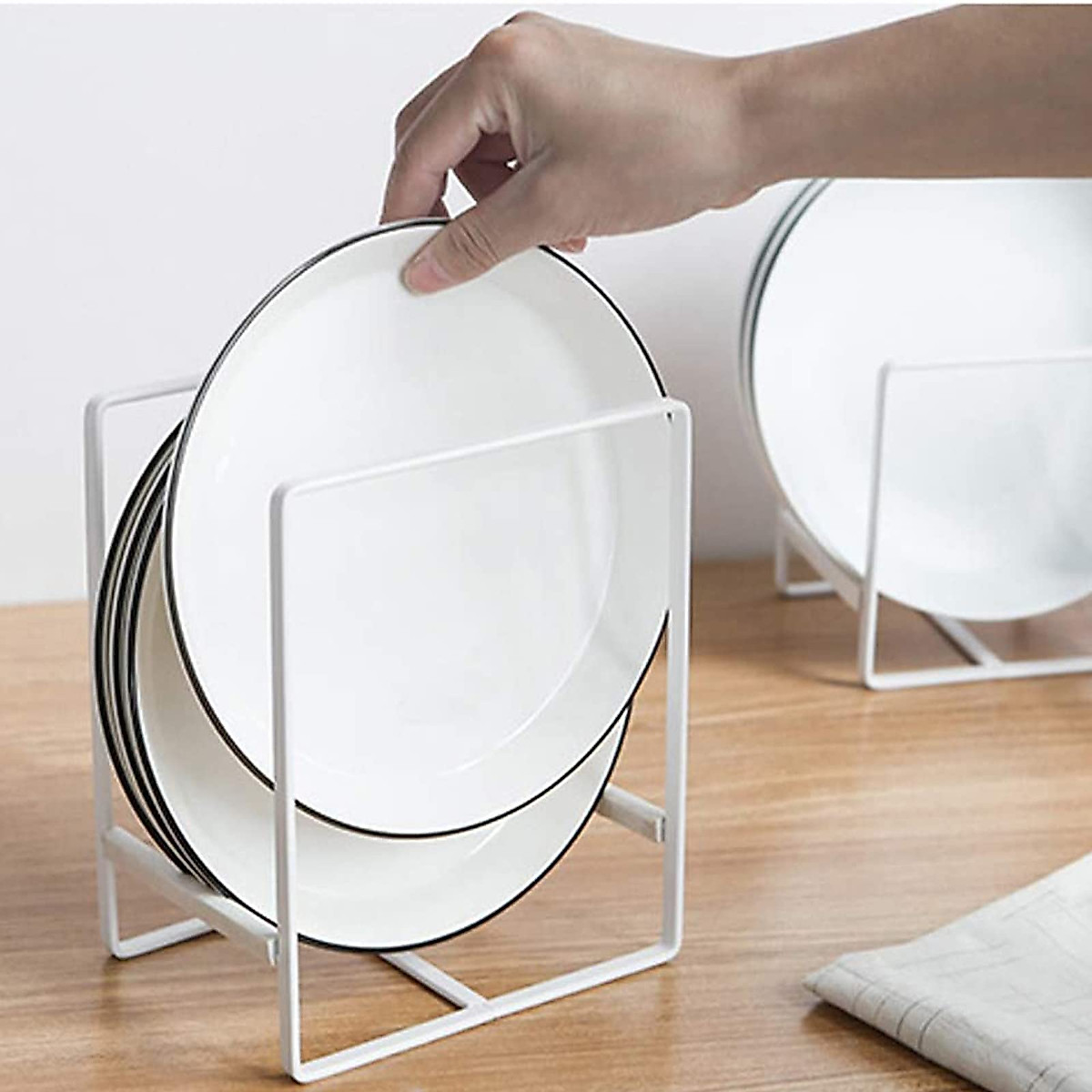 HighFree 2PCS Metal Vertical Plate Dish Holder Rack, White Vertical Plate Organizer for Kitchen Cabinets for RV Kitchen Cabinets Counter (L & S)