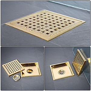 Swhyger 6 Inch Square Shower Floor Drain Brushed Brass with Flange,SUS304 Stainless Steel Gold Shower Drain Cover with Quadrato Pattern Grate Removable Hair Strainer,98738BG6-S.