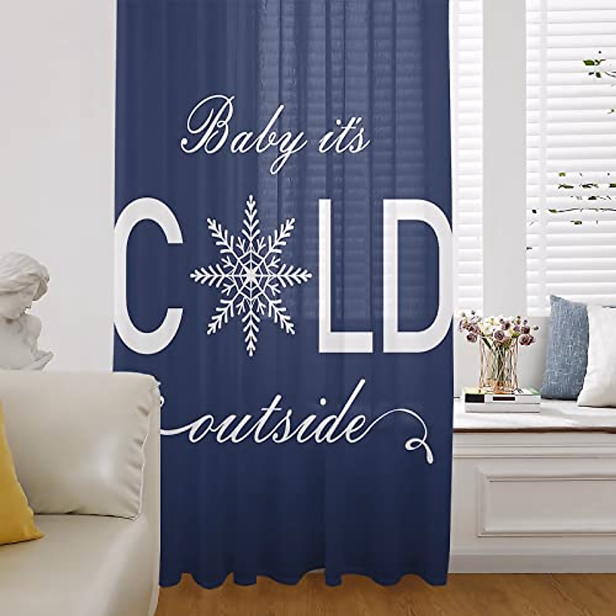 Sheer Curtains Light Filtering Window Curtains 108 inch Length, Christmas Semi Sheer Curtain Voile Drapes for Kitchen/Bedroom/Living Room/Sliding Door 52"x108" Cold Winter Snowflakes Blue Backdrop