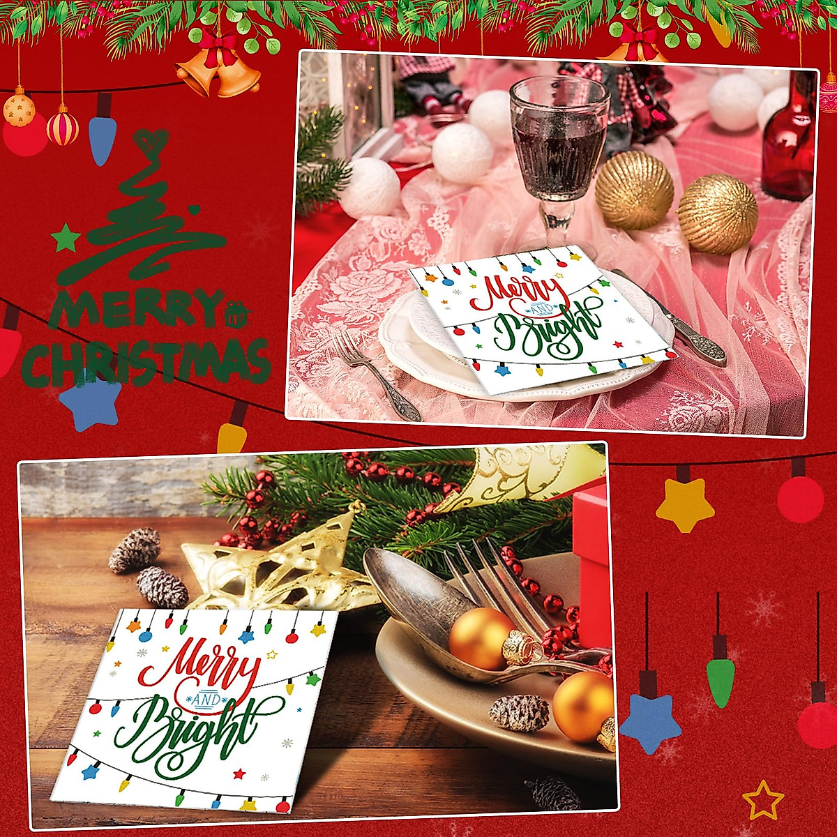 Sherr 200 Packs Christmas Napkins Light Christmas Paper Guest Towels 2 Ply Disposable Bathroom Napkins Decorative Paper Hand Towels for Xmas Winter Holiday Party Supplies (5 x 5 Inch)