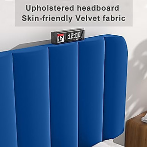 VECELO Twin Size Upholstered Bed Frame with Adjustable Headboard, Velvet Platform Bedframe Mattress Foundation, Strong Wood Slat Support, No Box Spring Needed, Dark Blue