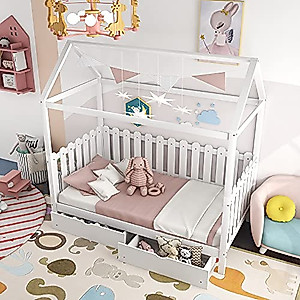 Lifeand Twin Size House Bed with 2 Drawers, Fence-Shaped Guardrail and Sky Roof, Solid Wood Bedframe for Gilrs Boys,White