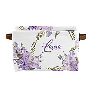 Purple Flower Personalized Custom Name Waterproof Storage Boxs Baskets Clothts Towel Book for Bathroom Office 1 Pack