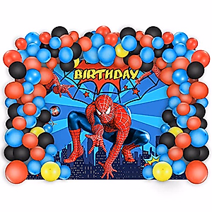 Spiderman Birthday Party Decorations 5 x 3 Ft Backdrop Banner Photography Background and 80 Pcs Latex Balloons Kit Superhero Theme Party Supplies for Indoor Outdoor Living Room Yard