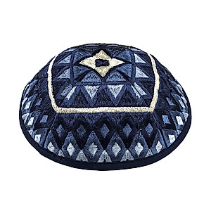 EMANUEL Yair Tallit Prayer Shawl Set with Yarmulke and Tallis Bag | Silk Embroidered Geometric Square Design (Blue TAH-5B)