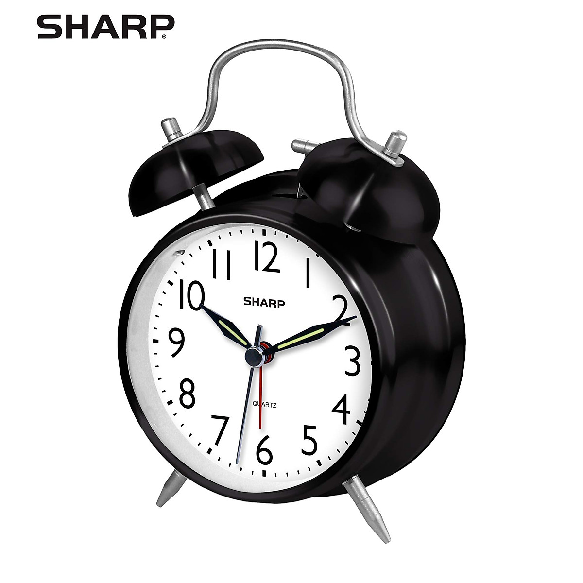 SHARP Twin Bell Alarm Clock - Loud Alarm - Great for Heavy Sleepers - Battery Operated Quartz Analog Clock (Midnight Black)