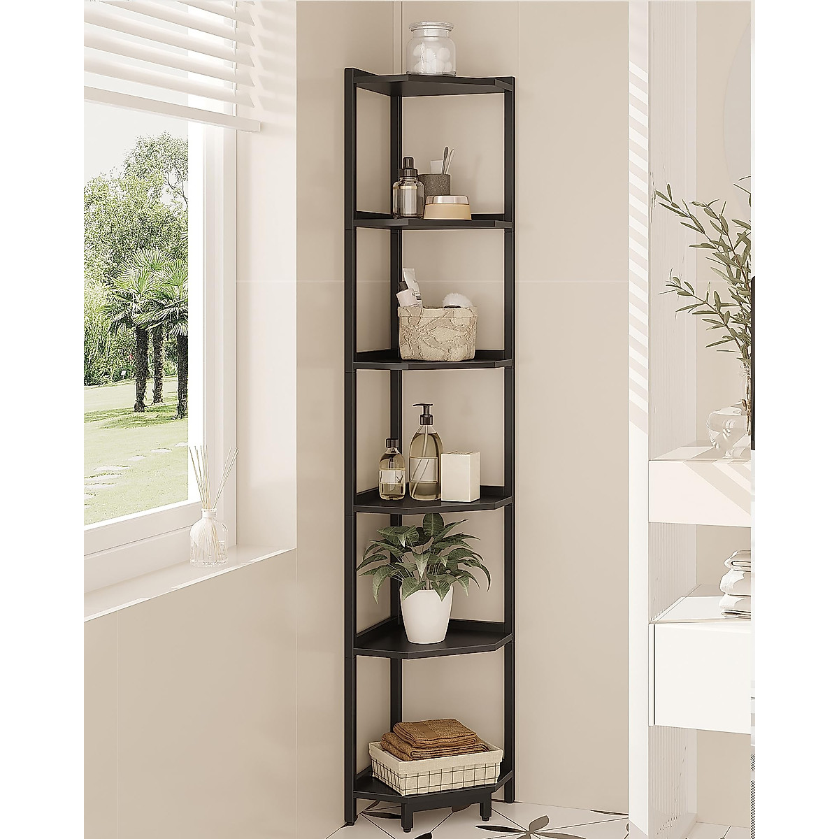 Hzuaneri Corner Shelf Stand, Corner Bookshelf, Storage Standing Shelf Unit with Metal Frame, Plant Stand, Corner Bookcase for Living Room, Home Office, Bedroom, 6-Tier Black CS06006B