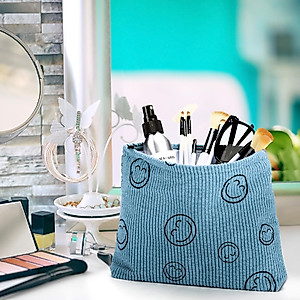 3 Pcs Smile Face Makeup Bag Corduroy Cosmetic Bag 3 Sizes Aesthetic Preppy Makeup Bags for Women Teen Girls Corduroy Toiletry Pouch Travel Smile Dots Bags Washable Skincare Bag (Light Blue Grey)