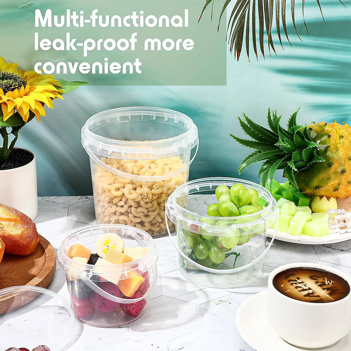 Mifoci 60 Pcs Food Clear Bucket Plastic Gallon Bucket Round Reusable Ice Cream Containers 32oz 16oz 8oz with Lids and Handles Airtight Clear Tub Freezer Reusable Pail for Kitchen Drinks Home, 3 Size