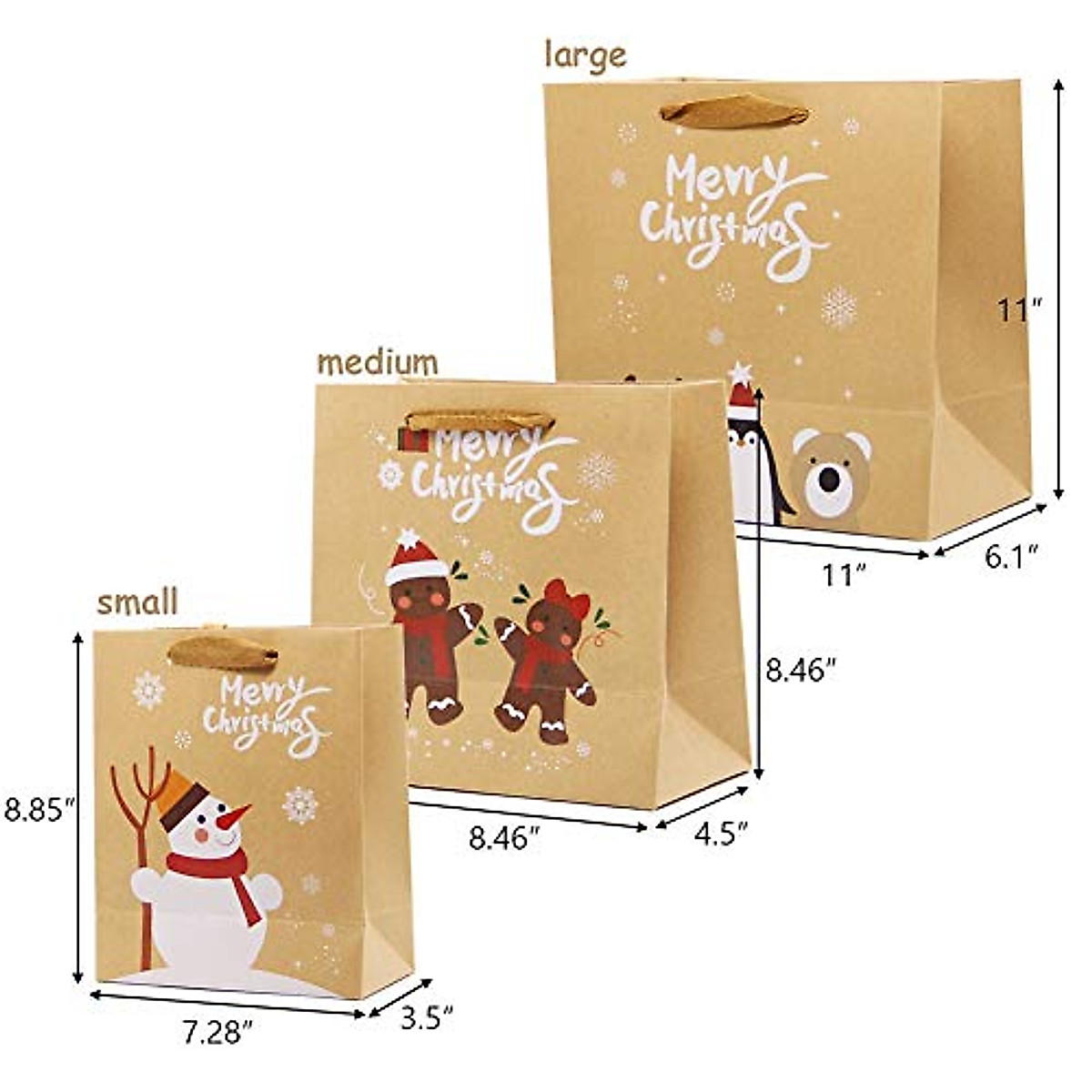 Lulu Home 24 Pcs Christmas Kraft Gift Bags with Handles, Kraft Bags with Assorted Christmas Prints, Christmas Gift Bags Large, Medium and Small for Packing