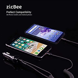 Car Charger for iPhone, 3.6A/18W Built-in 4.9ft Spiral Lightning Coiled Cable, 12-24V Fast Charging Cigarette Lighter Plug Adapter for iPhone 14 13 12 11 Mini Pro Max Plus XR SE XS X 8 7 6 5, iPad