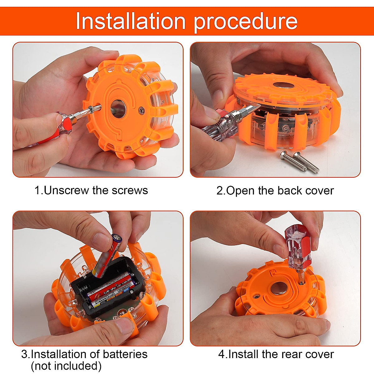 HEIGPAN GP903 LED Road Flares Safety Flashing Warning Lights, Magnetic Base Hook Carrying Bag 9 Flash Modes, for Car Truck Boat 3Pack(Batteries not Included) Orange