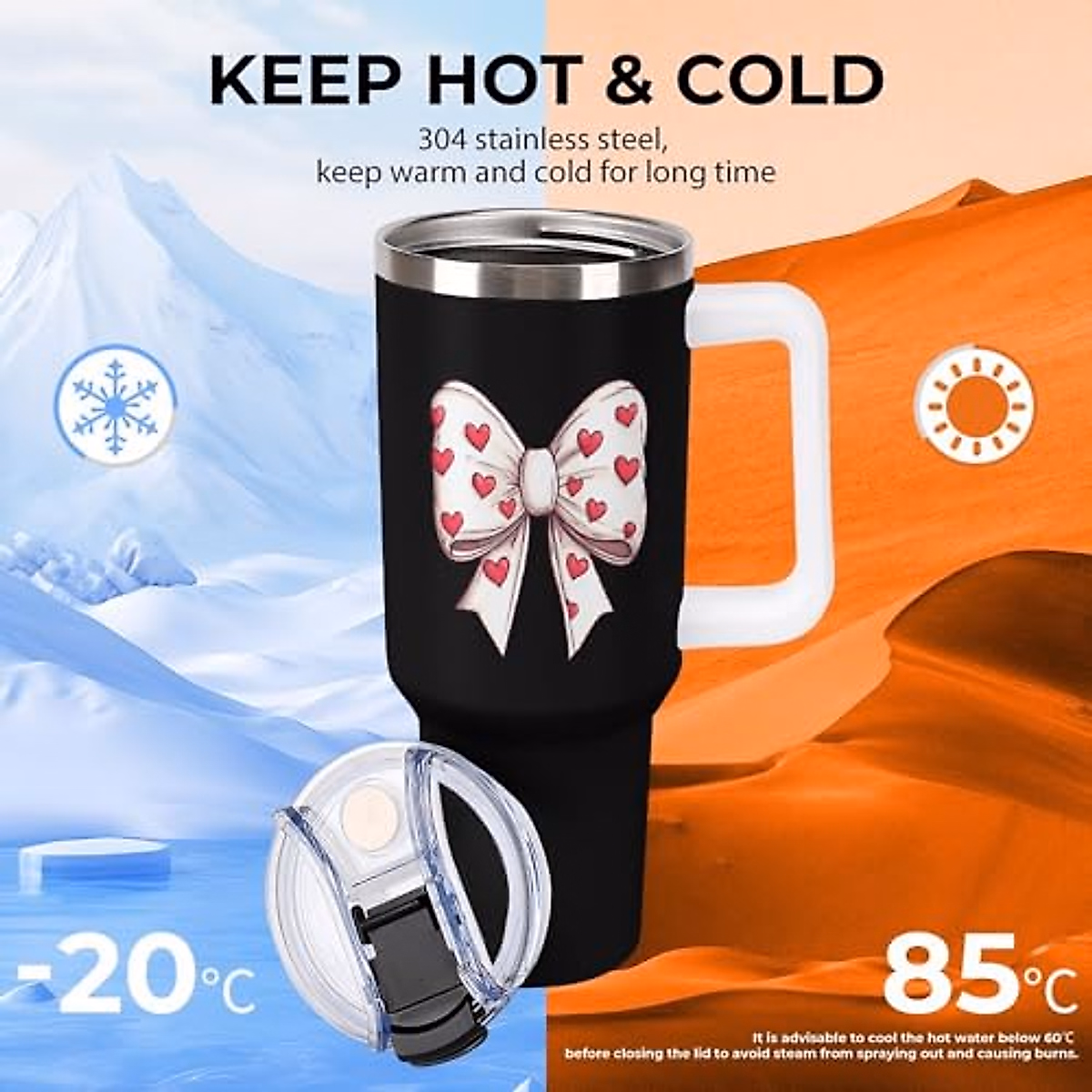 Valentines Day Heart Bow Insulated Tumblers with Handle Stainless Steel Coffee Mug Funny Travel Cup with Lid Straw 40oz