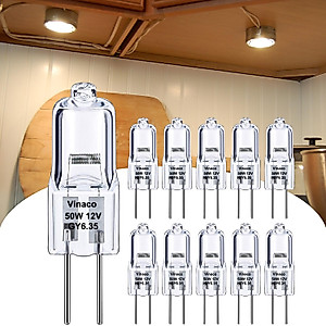 Vinaco GY6.35 Halogen Bulb 12V 50W, 10 Pack GY6.35 Bulb with GY6.35 Bi-pin Base, Dimmable GY6.35 Halogen Light Bulbs 12 Volt 50 Watt 2800K Warm White, T4 GY6.35 12V 50W for Pendant Light, Table Lamp