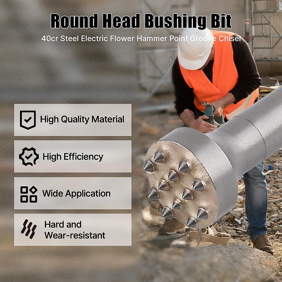 Vearter SDS Plus Bushing Tool 12 Tips, 5.3'' X 1.4'' Round Head Concrete Roughness Coating Remove Bushing Bit for Rotary Hammer, Chisel Drill Bit for Masonry, Brick Wall