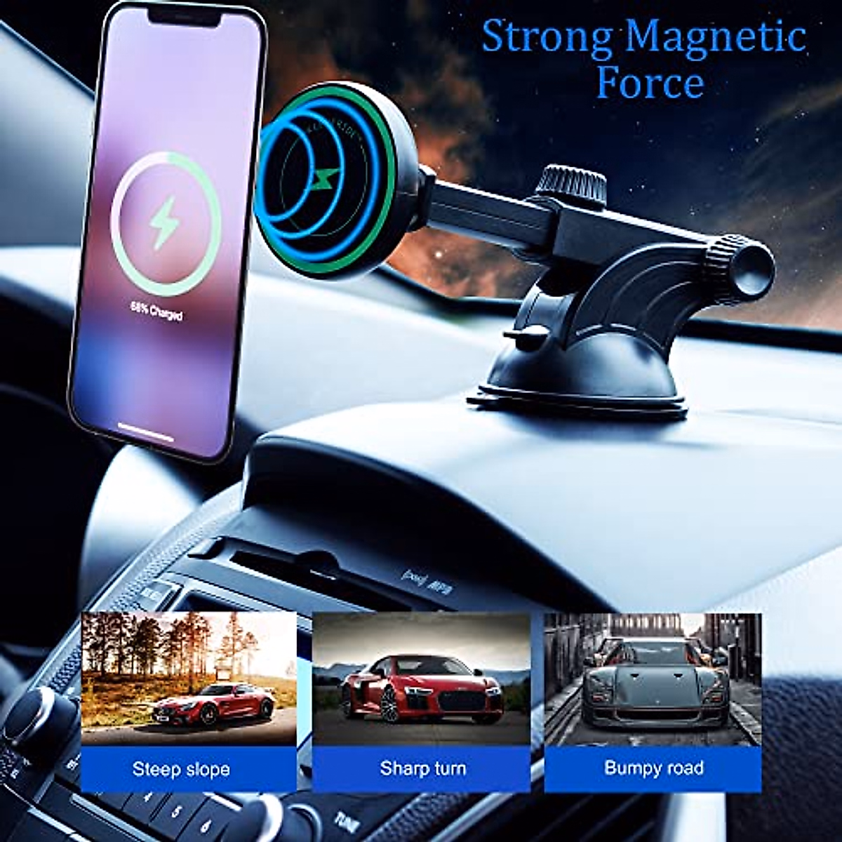 KLEVERIDE - Magnetic Wireless Charger Car Mount/Phone Holder with Flexible Angle, Fast Charging, Strong Magnet, Mounted on Dashboard/Windshield/Air Vent, Compatible with MagSafe iPhone 12/13/14 Series
