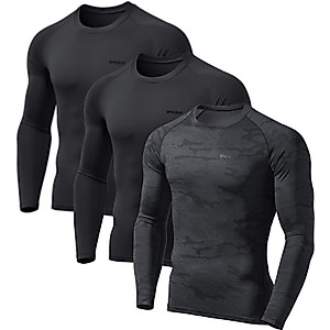 TSLA Men's UPF 50+ Compression 3-Pack - Long Sleeve Athletic Workout Shirt, Water Sports Rash Guard, Large Black/Urban Camo