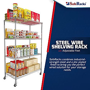 SafeRacks NSF Certified Storage Shelves, Heavy Duty Steel Wire Shelving Unit with Wheels and Adjustable Feet, Used as Pantry Shelf, Garage or Bakers Rack Kitchen Shelving - (24"x48"x72" 4-Tier)