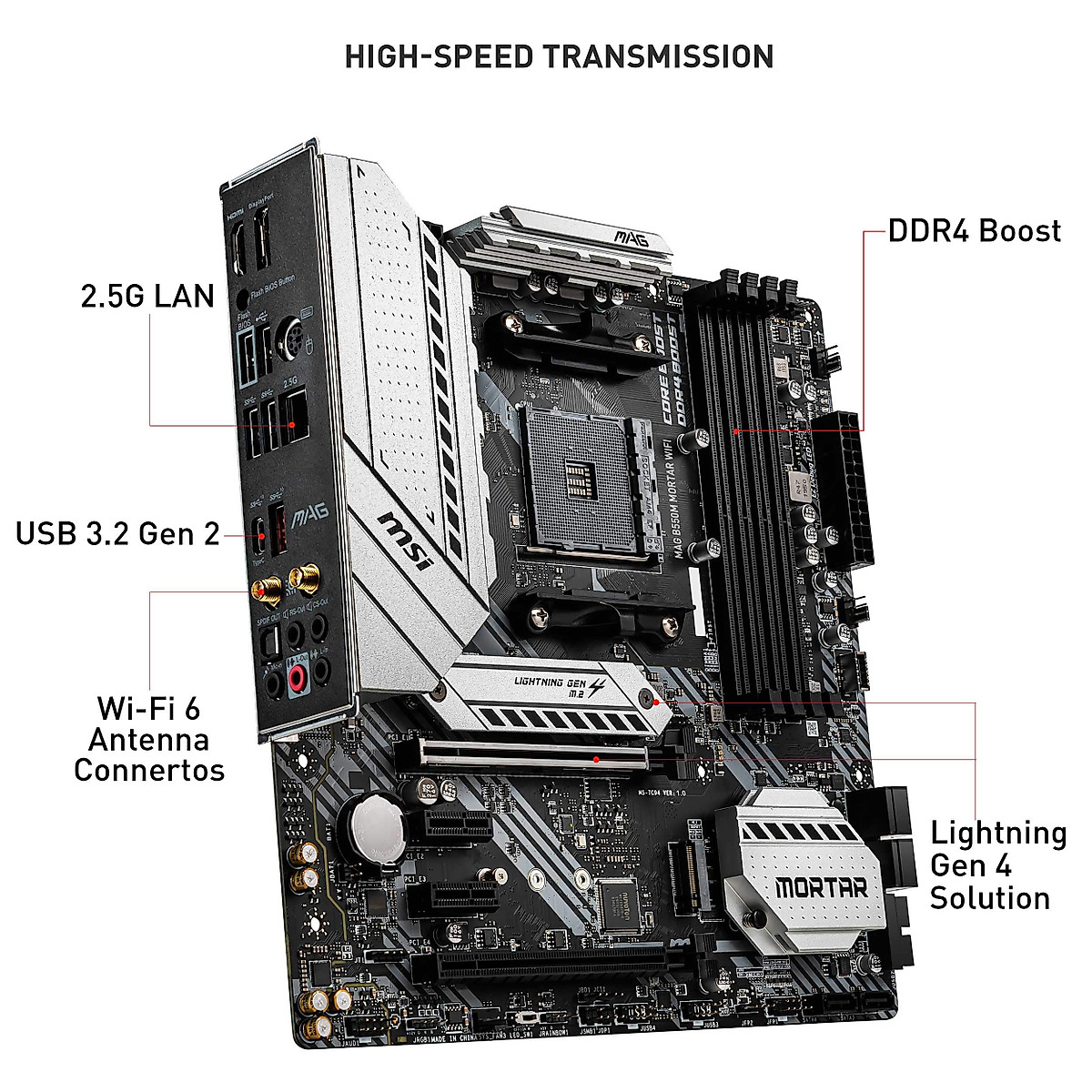 MSI MAG B550M Mortar WiFi Gaming Motherboard (AMD AM4, DDR4, PCIe 4.0, SATA 6Gb/s, M.2, USB 3.2 Gen 2, AX Wi-Fi 6, HDMI/DP, Micro-ATX, AMD Ryzen 5000 Series Processors)