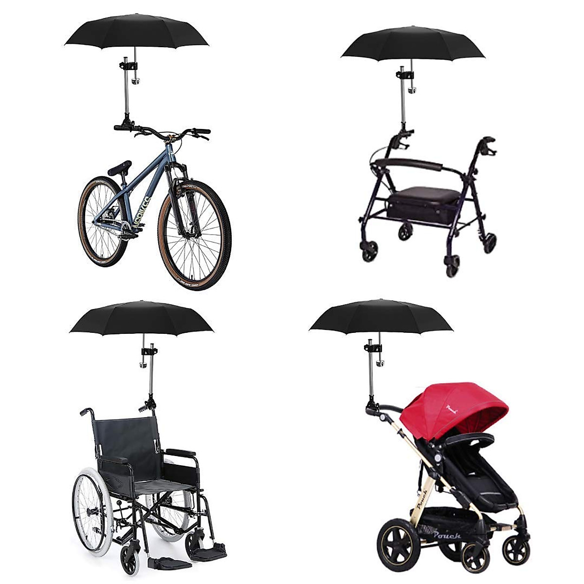 SILLY MONKEY Improved Design Umbrella Holder and Bonus Stroller Hook - Adjustable Parasol Clamp Mount for Stroller, Wheelchair, Rollator, Bike, Pram Sunshade - Complete with Non-Slip Multipurpose Clip