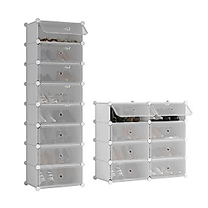 UNZIPE Shoe Rack Cabinet, 8-Tier Shoe Storage Organizer with Doors for Entryway, 16 Pair Plastic Shoe Shelves with Covered DIY Freestanding Shoe Tower for Closet Bedroom Hallway Mudroom Garage, White