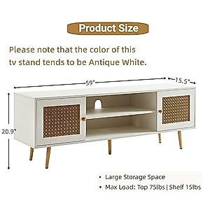 JYED DECOR Antique White Mid Century TV Stand with Metal Mesh Doors and Open Shelving, Media Console for TV up to 65 Inches, Entertainment Center for Living Room, Bedroom