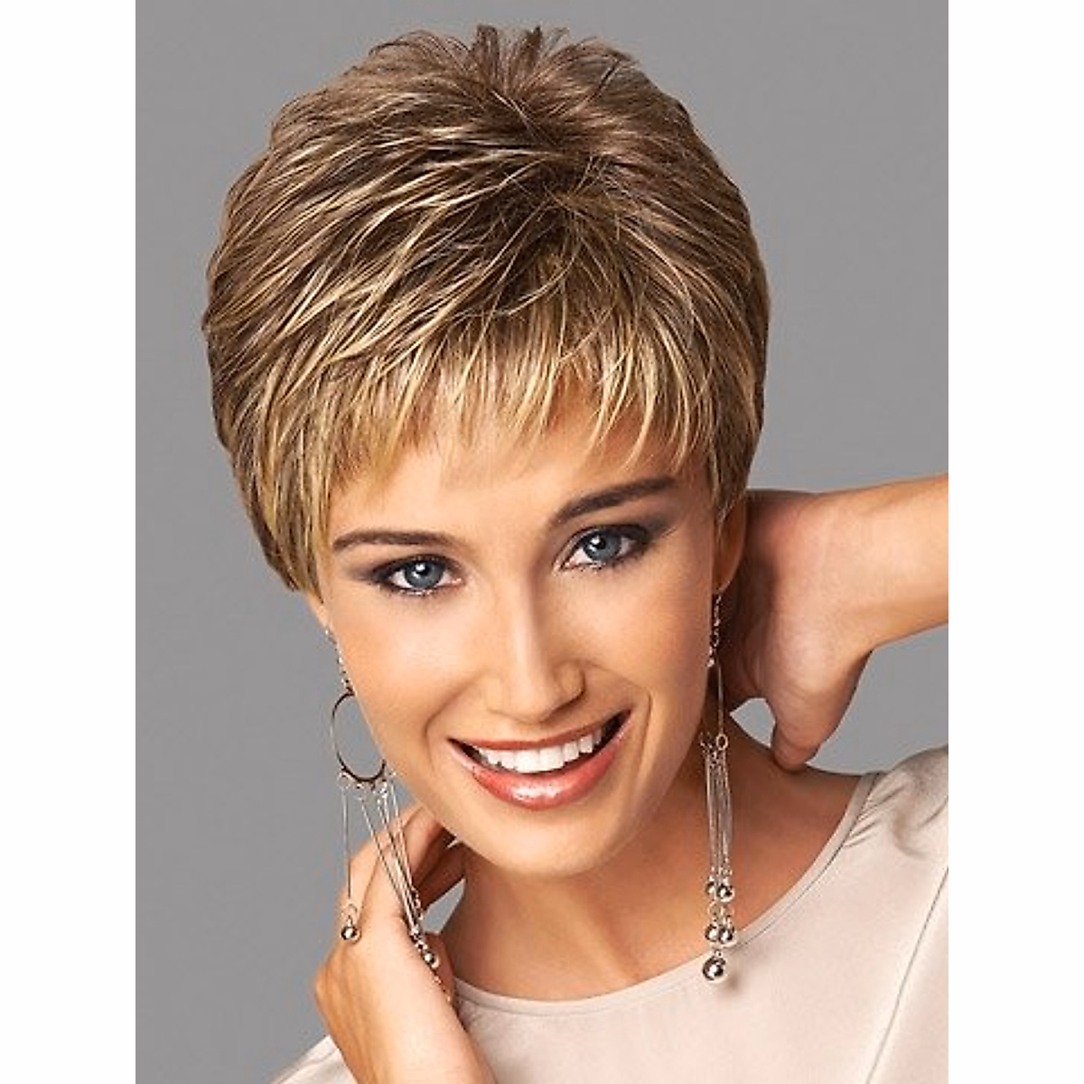 SEVENCOLORS Short Dark Brown Mixed Blonde Pixie Cut Wigs for Women Synthetic Layered Highlight Wigs with Bangs Natural Hair Replacement Wigs