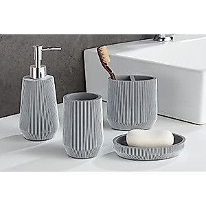 Roselli Trading Company 4pc - Commodore Stripes Bathroom Accessory Set - Toothbrush Holder, Tumbler, Soap Dish, and Lotion Pump Ba Gray, White