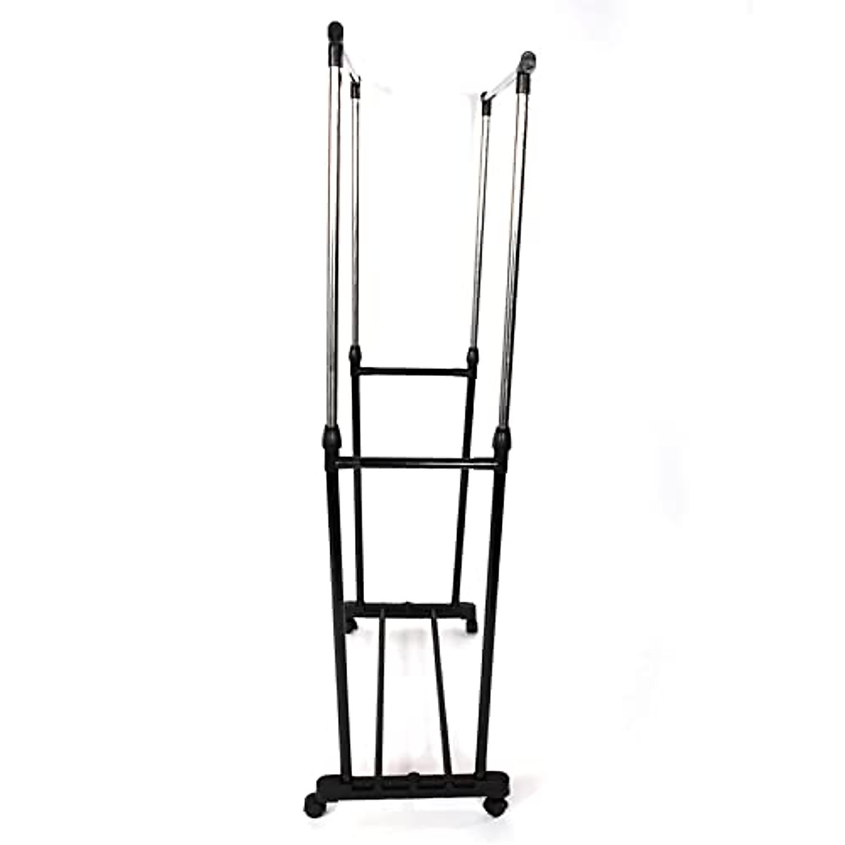 WECNEK Dual-bar Vertical & Horizontal Stretching Stand Clothes Rack with Shoe Shelf YJ-03 Black & Silver