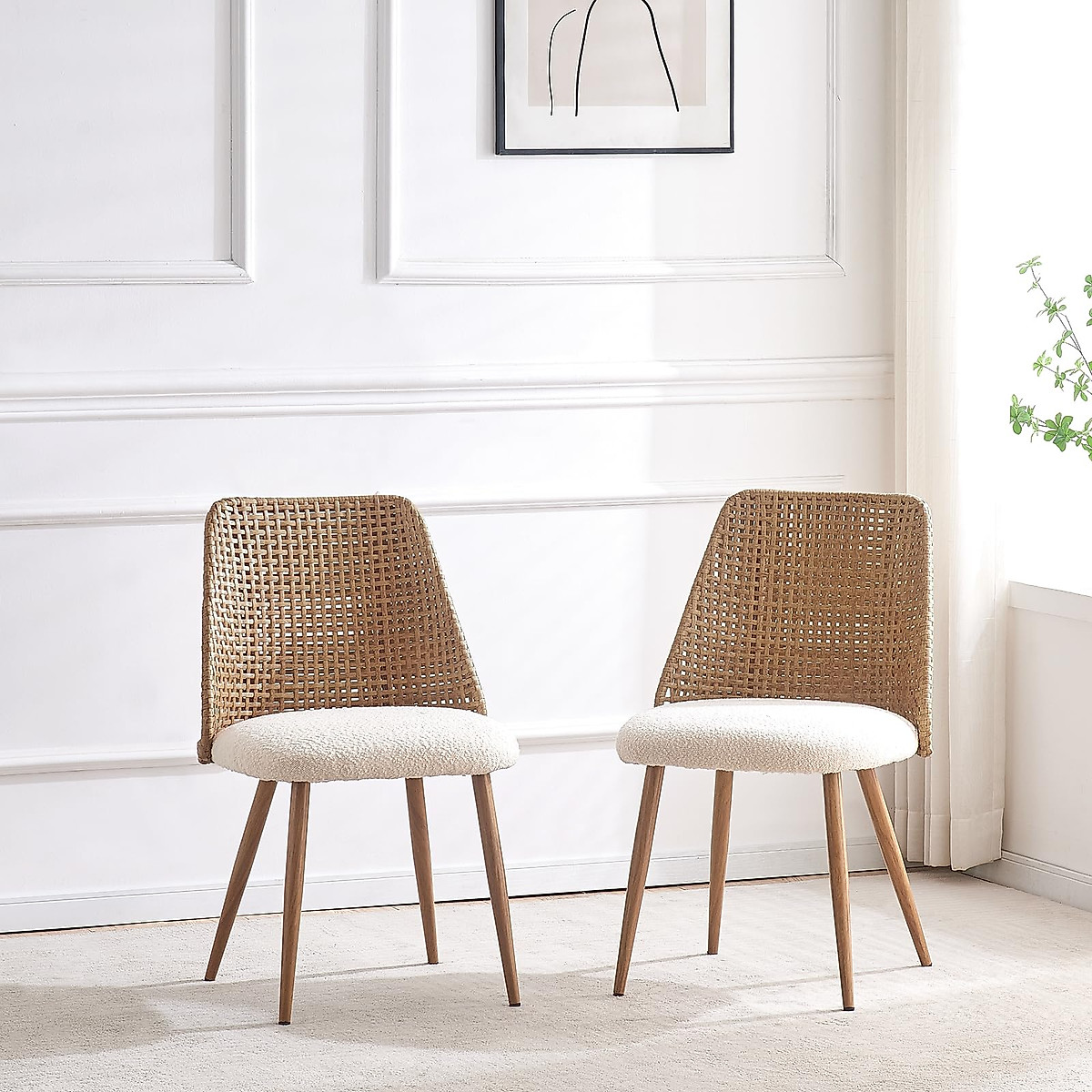 JALOURT Rattan Dining Chairs Set of 4,Accent Upholstered Boucle Kitchen Room Chairs,Mid Century Modern Dining Room Chairs with PE Cane Back and Metal Legs for Kitchen/Restaurant/Dining Room,Brown