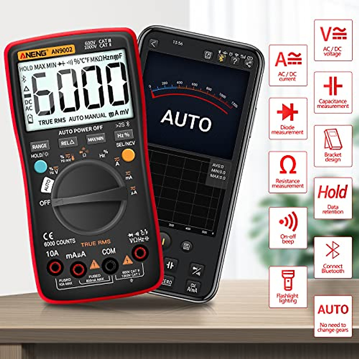 ANENG Bluetooth Multimeter Digital Tester Auto-ranging TRMS 6000 Counts Ohmmeter for AC/DC Voltage,Current,Resistance,Continuity,Capacitance,Diodes,Temperature Meansurement,Volt Meter for Automotive
