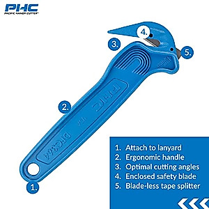 Pacific Handy Cutter Metal Detectable Disposable Film Cutter | Safety Box Cutter & Tape Splitter | Sharp & Durable Steel Blade | Perfect for Cryovac, Plastic Bags, & Shrink Wrap | Blue