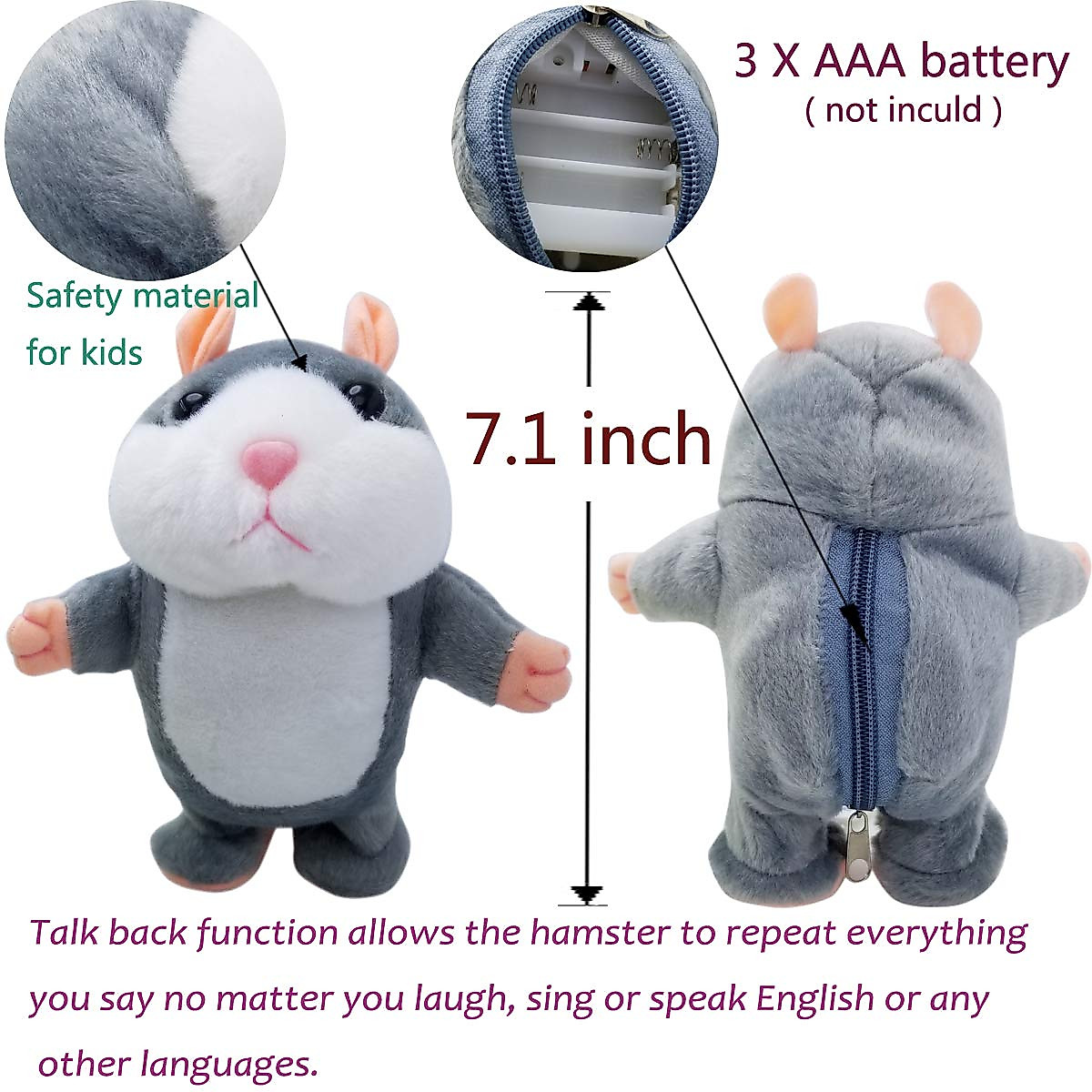 Upgrade Version Talking Hamster Mouse Toy - Repeats What You Say and Can Walk - Electronic Pet Talking Plush Buddy Hamster Mouse for Kids Gift Party Toys (Grey)