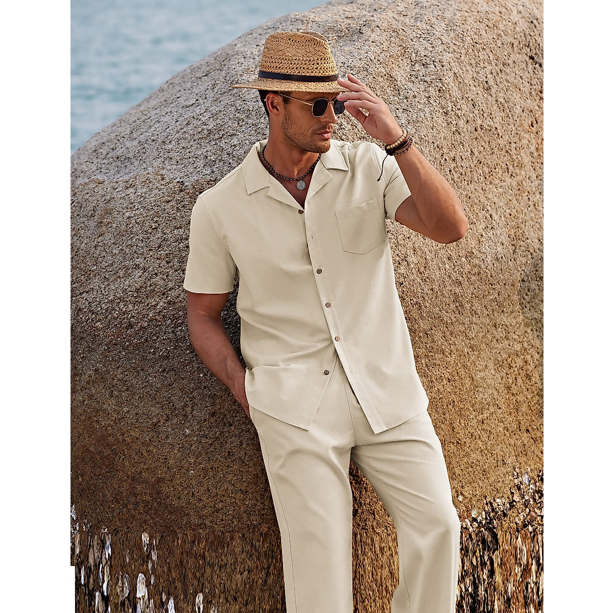 COOFANDY Men Beach Linen Outfits Sets 2 Piece Cuba Guayabera Shirts Summer Island Sets